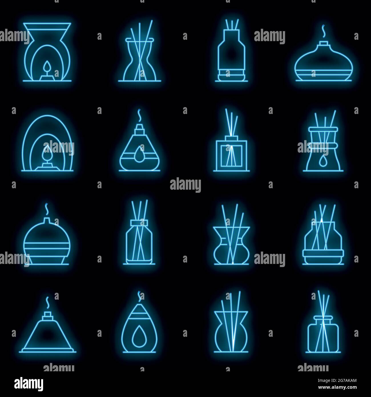 Diffuser icons set. Outline set of diffuser vector icons neon color on ...