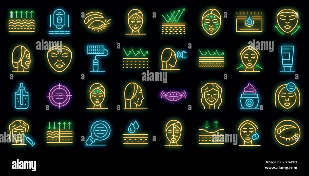 Wrinkles icons set. Outline set of wrinkles vector icons neon color on ...