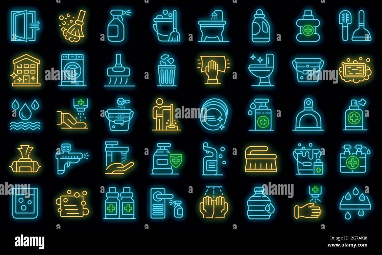 Disinfection icons set. Outline set of disinfection vector icons neon ...