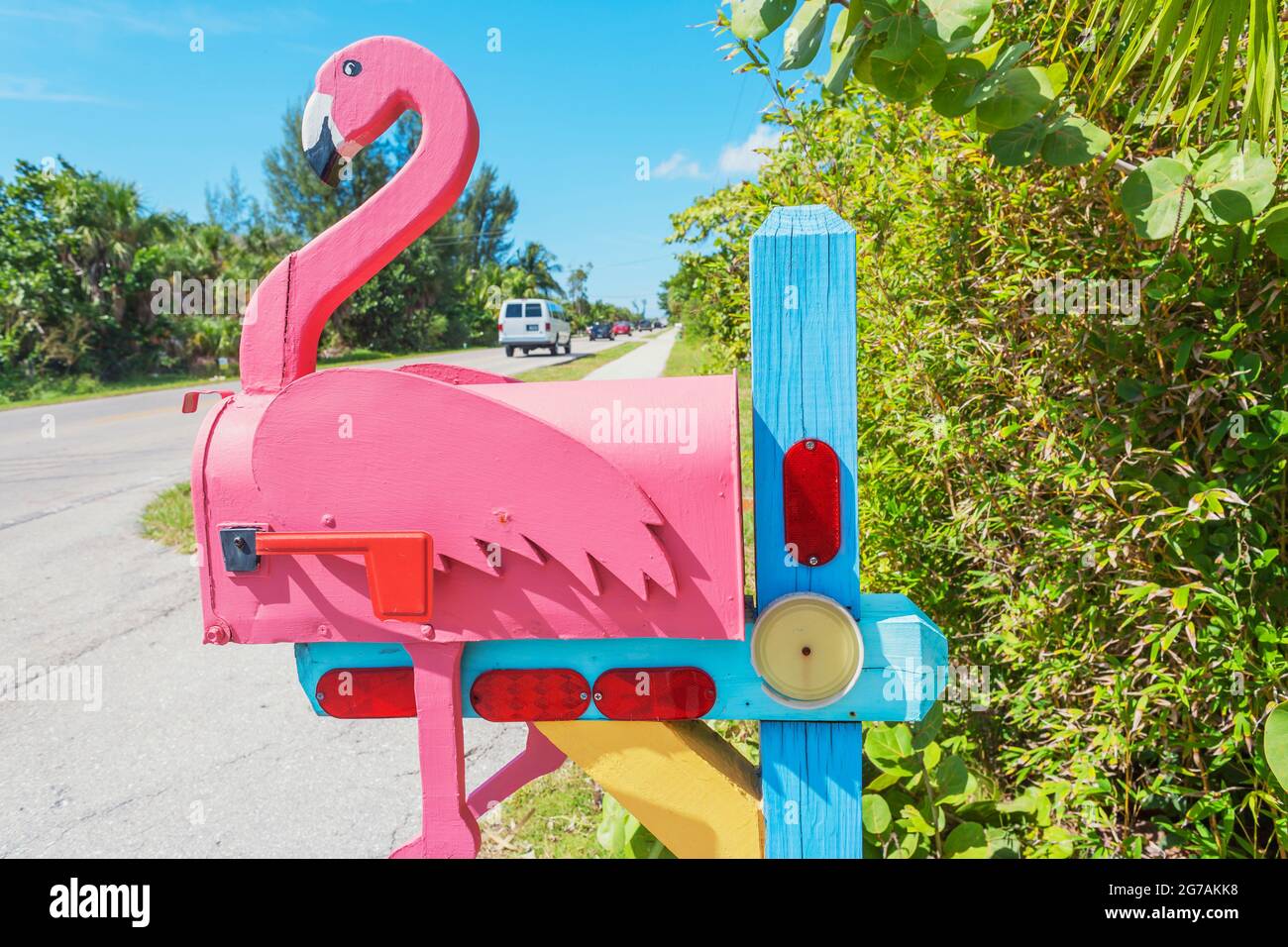 Pink Flamingo wooden mailbox, Sanibel Island, Florida, USA Stock Photo ...