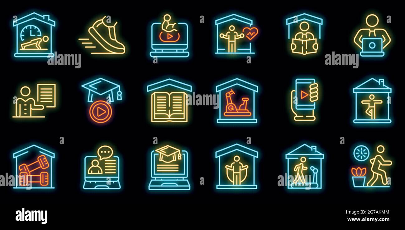 Home training icons set. Outline set of home training vector icons neon ...