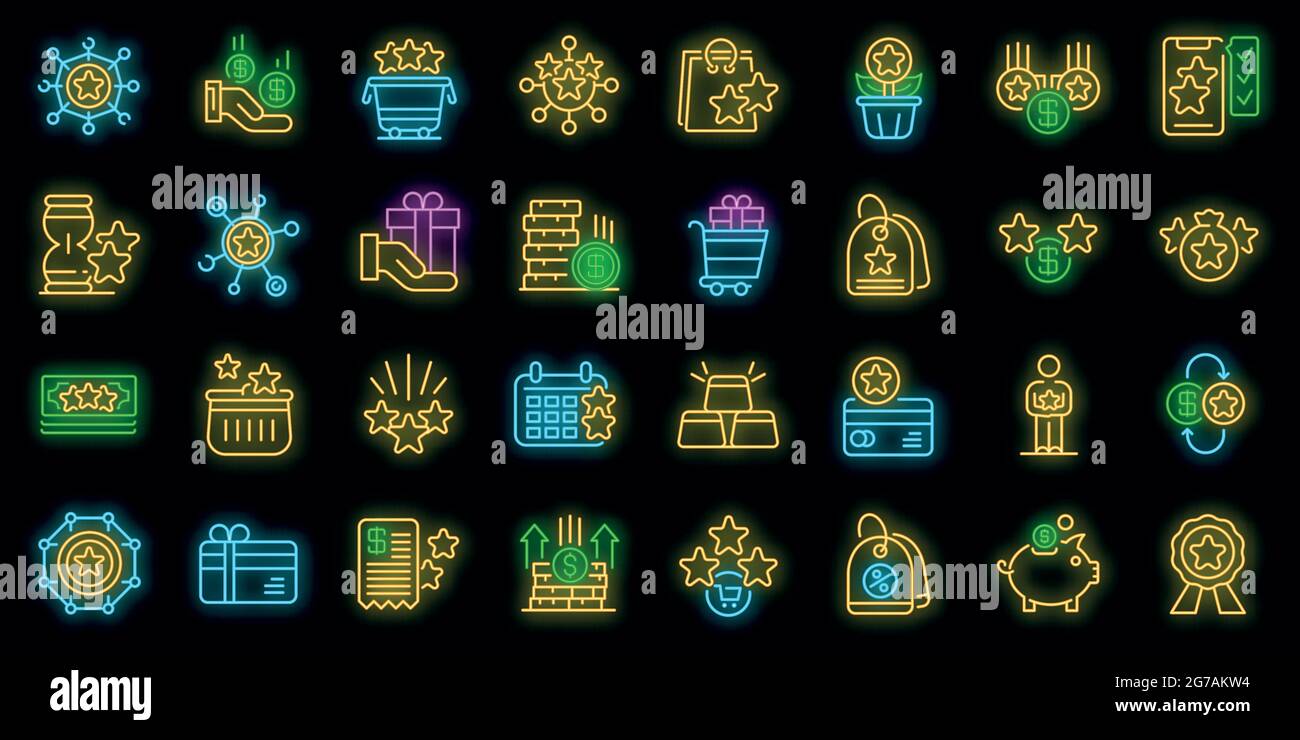 Bonus icons set. Outline set of bonus vector icons neon color on black ...