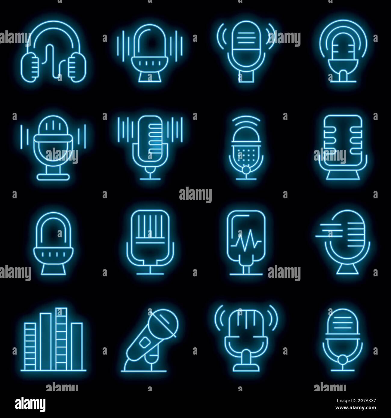 Podcast icons set. Outline set of podcast vector icons neon color on ...