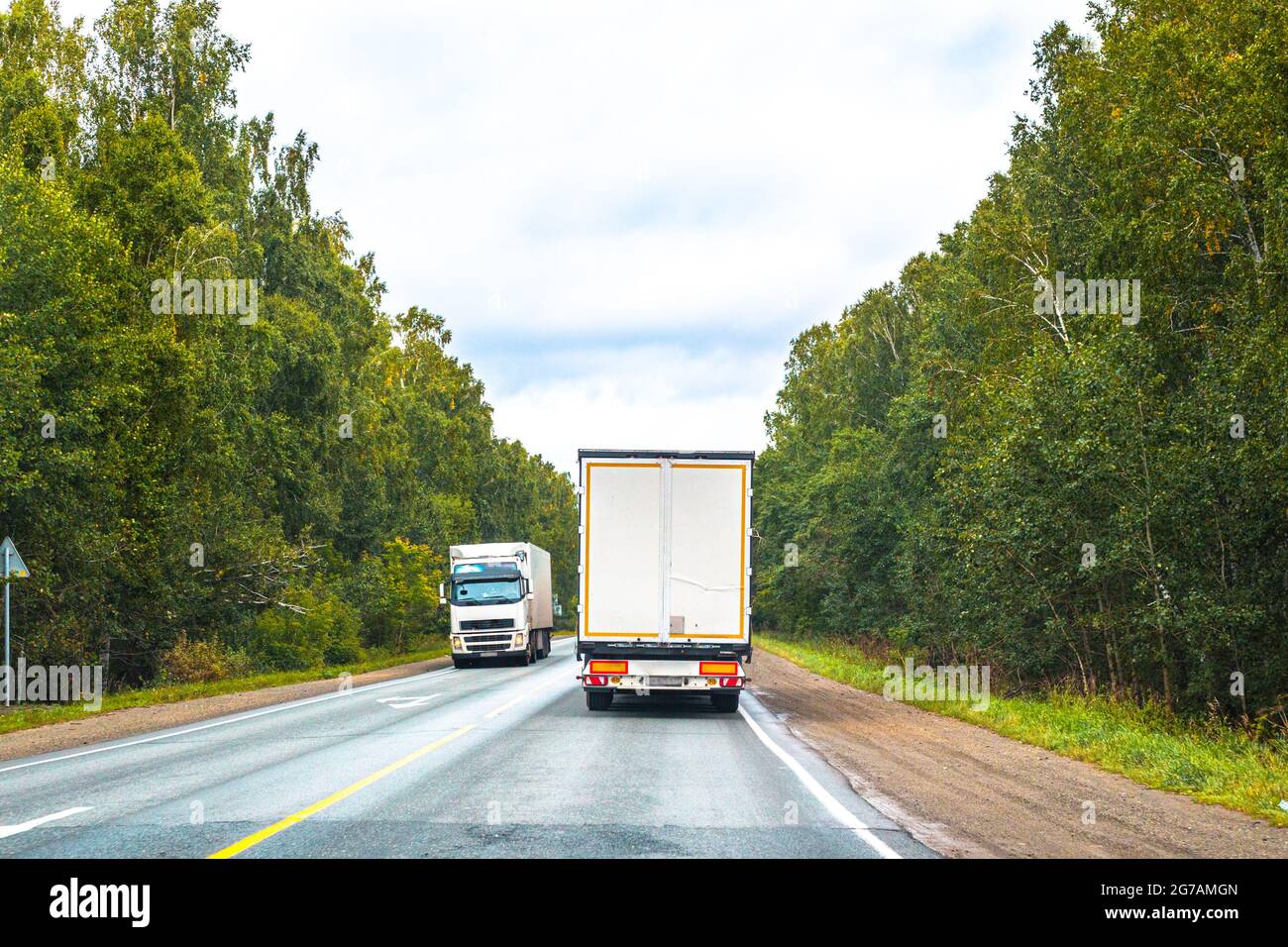 freight vans travel along a forest road on a summer day, long distance ...