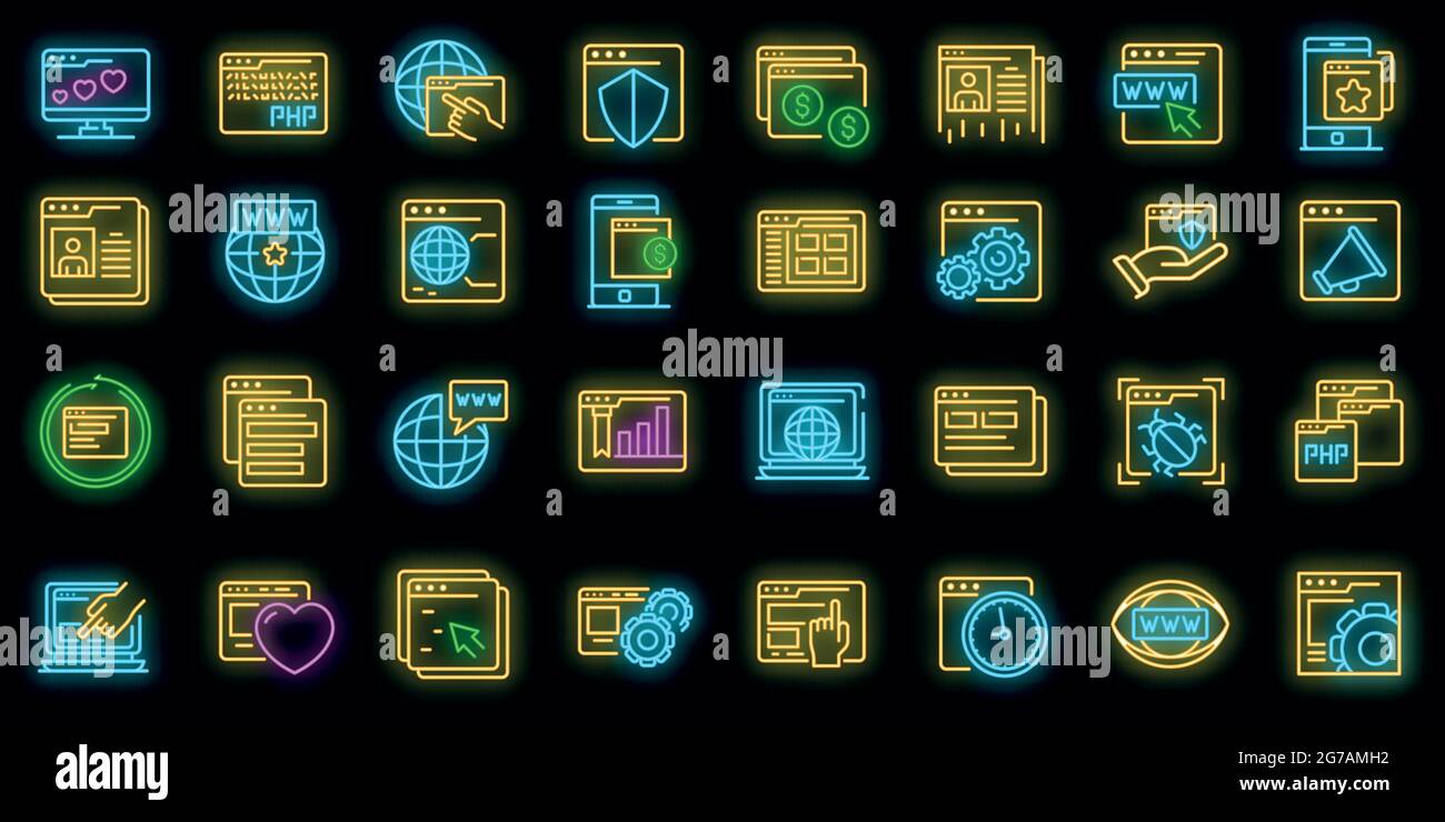 Browser icons set. Outline set of browser vector icons neon color on ...