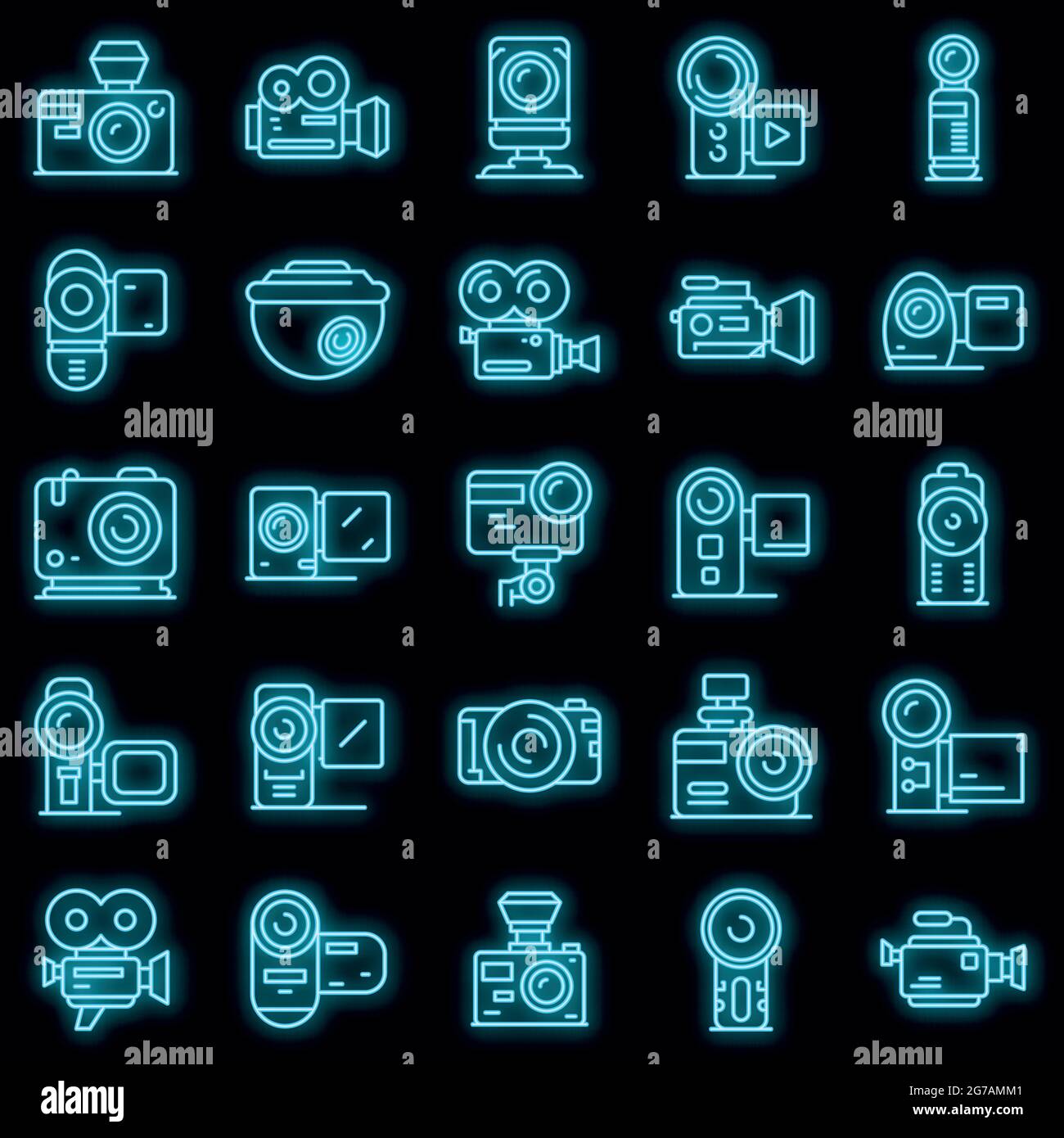 Camcorder icons set. Outline set of camcorder vector icons neon color on black Stock Vector ...