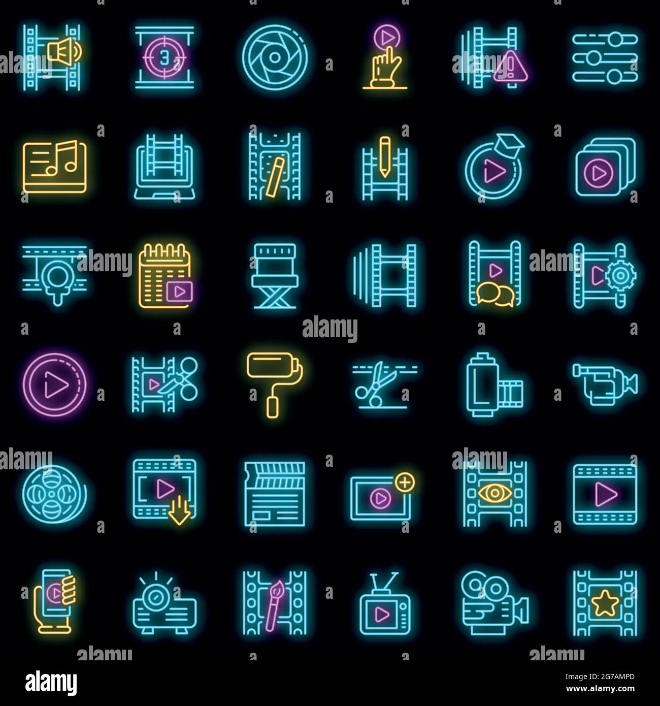 Video editing icons set. Outline set of video editing vector icons neon ...