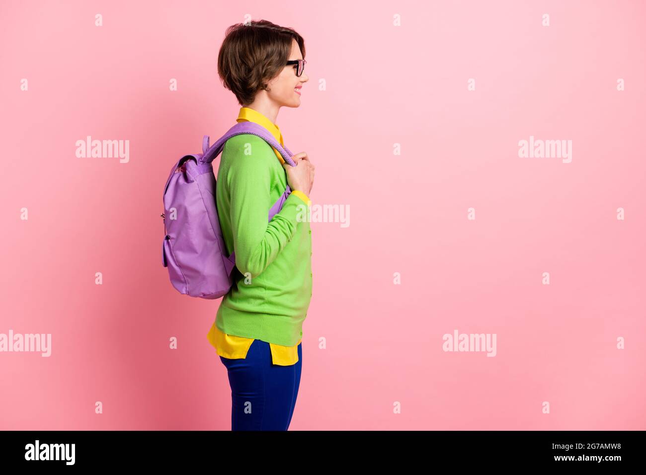 Photo of confident smart young woman wear green cardigan spectacles ...