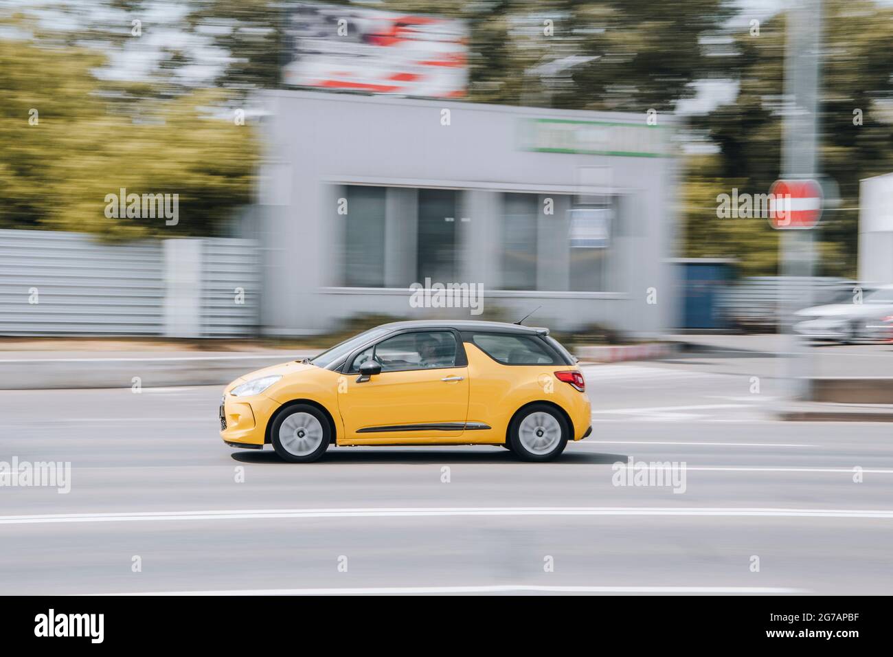 Ukraine, Kyiv - 27 June 2021: Yellow Citroen DS3 car moving on the ...
