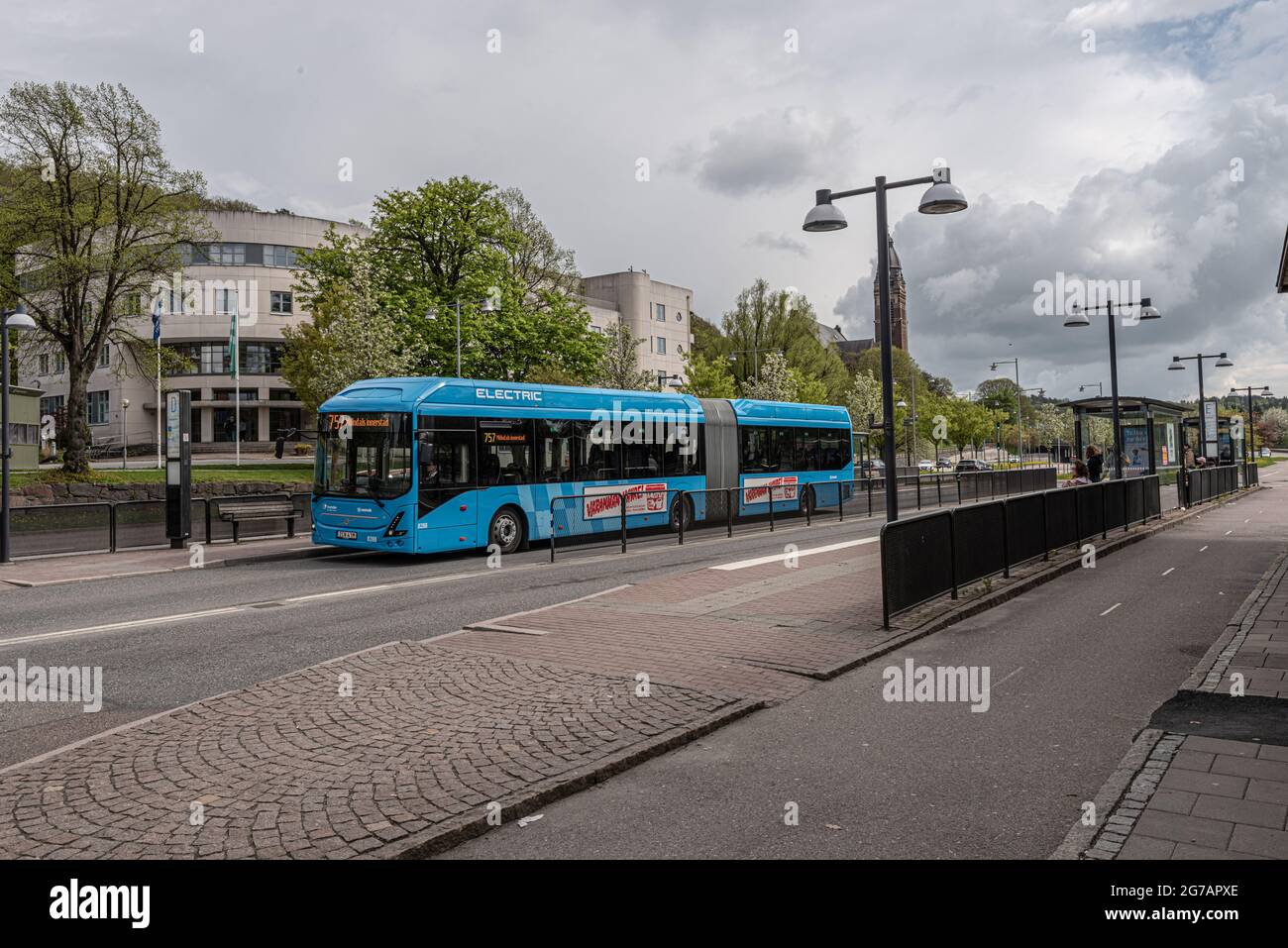 Gothenburg, Sweden - May 16 2021: Blue bus on line 757 at bus stop ...