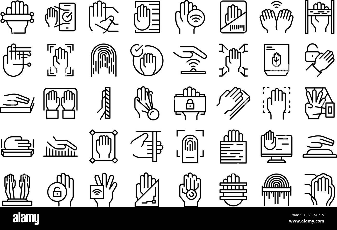 Palm Scanning Icons Set Outline Vector Biometric Signature Social Palm Scanning Stock Vector