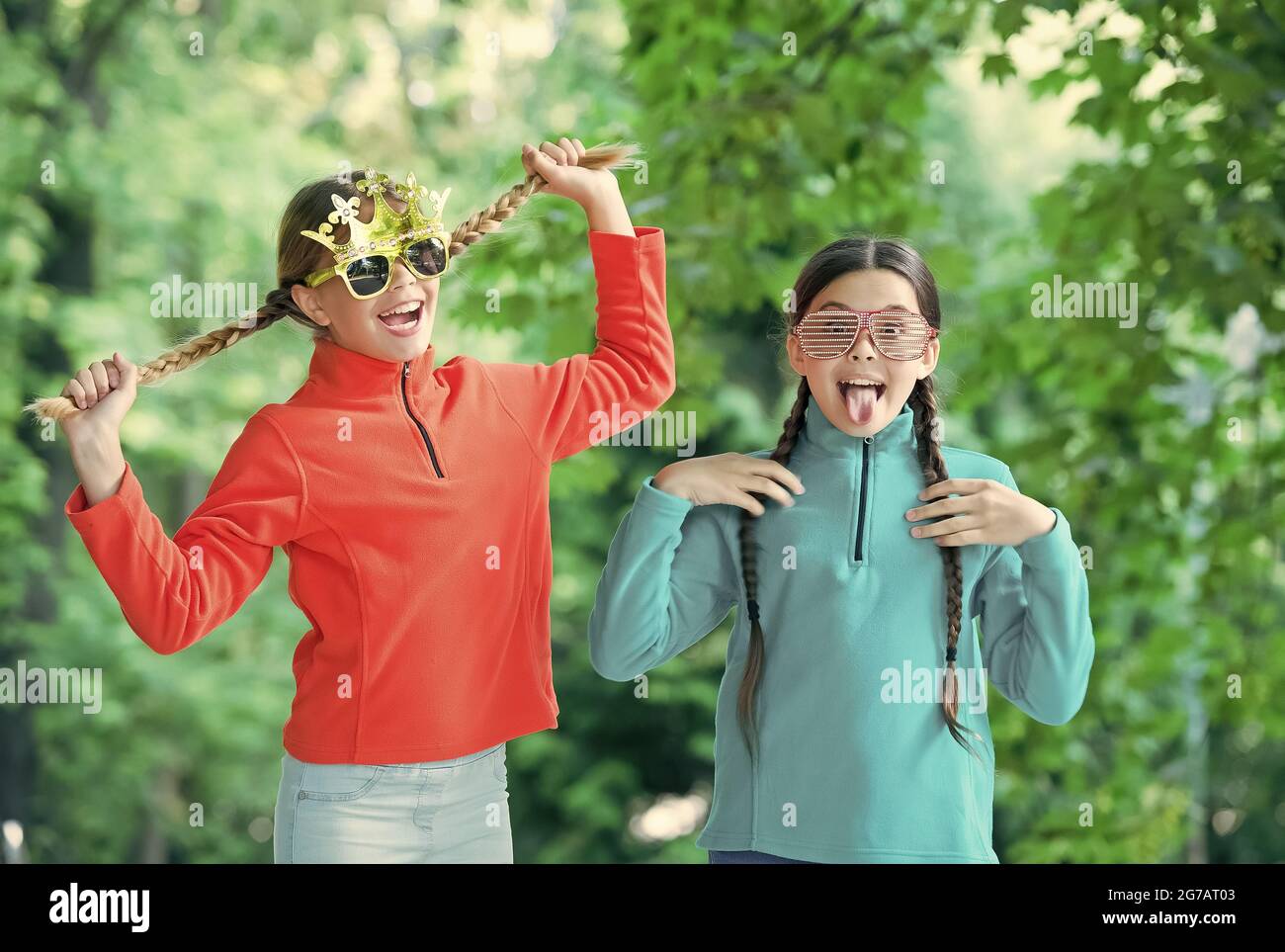 Cheerful kids having fun while hiking forest nature background, funny ...
