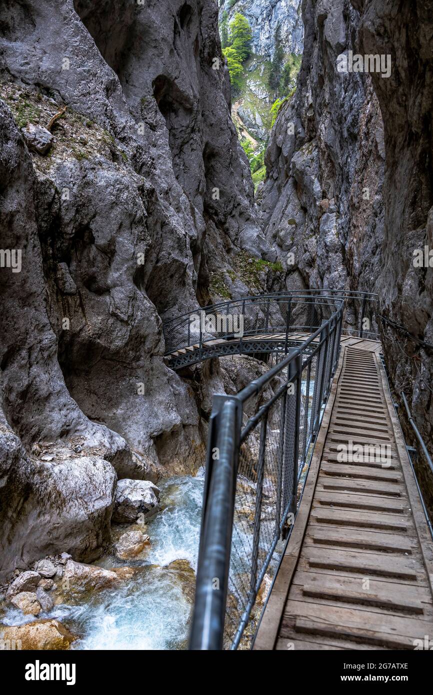 Bridge over the Hammersbach River in the Höllentalklamm, Grainau, Upper ...