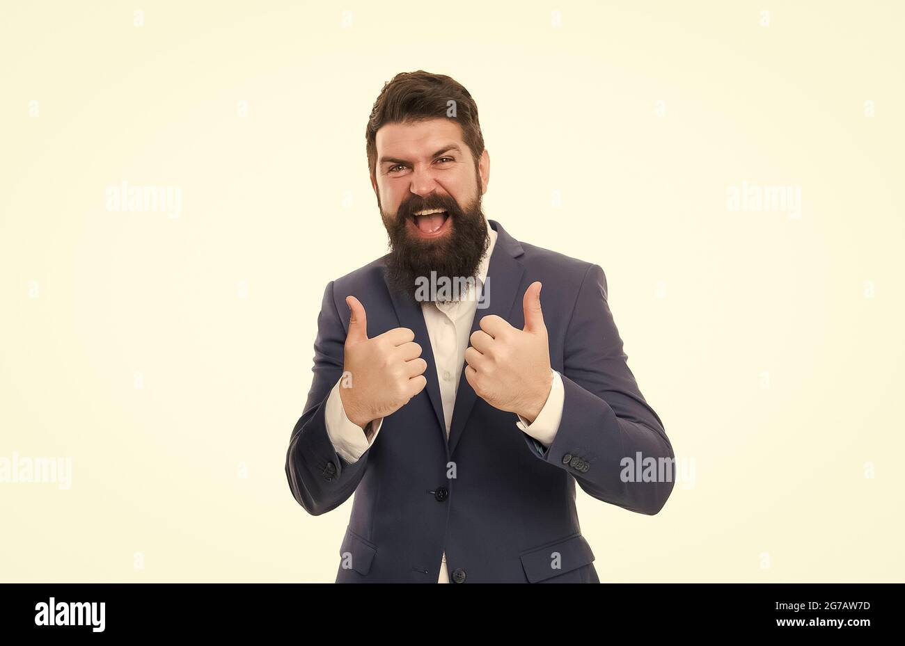 We offer only the best. Happy businessmen give thumbs up hands. Bearded ...