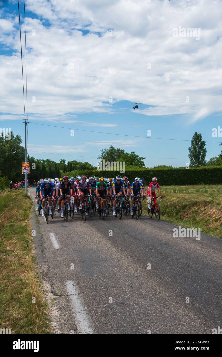 Image of Tour de France bike race with helicopter hoovering above ...