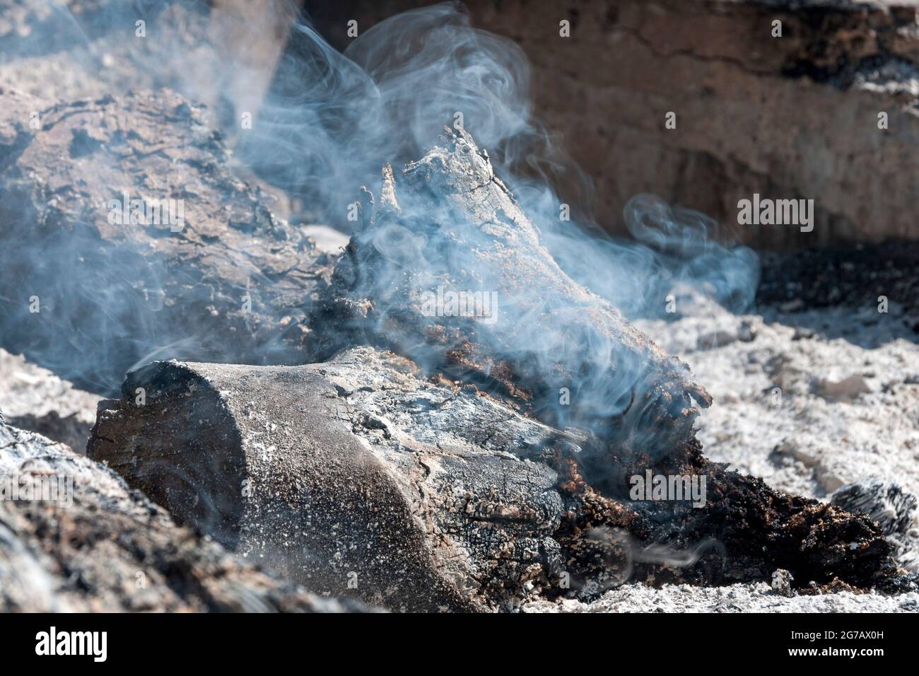 Germany, Baden-Wuerttemberg, campfire, wood, smoke, ashes, extinguished ...
