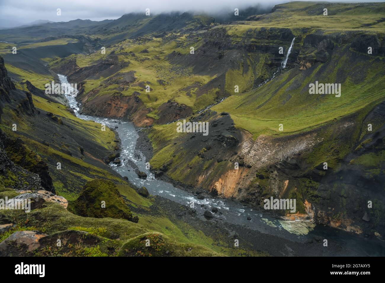 Iceland landscape of highland valley and river Fossa with blue water ...