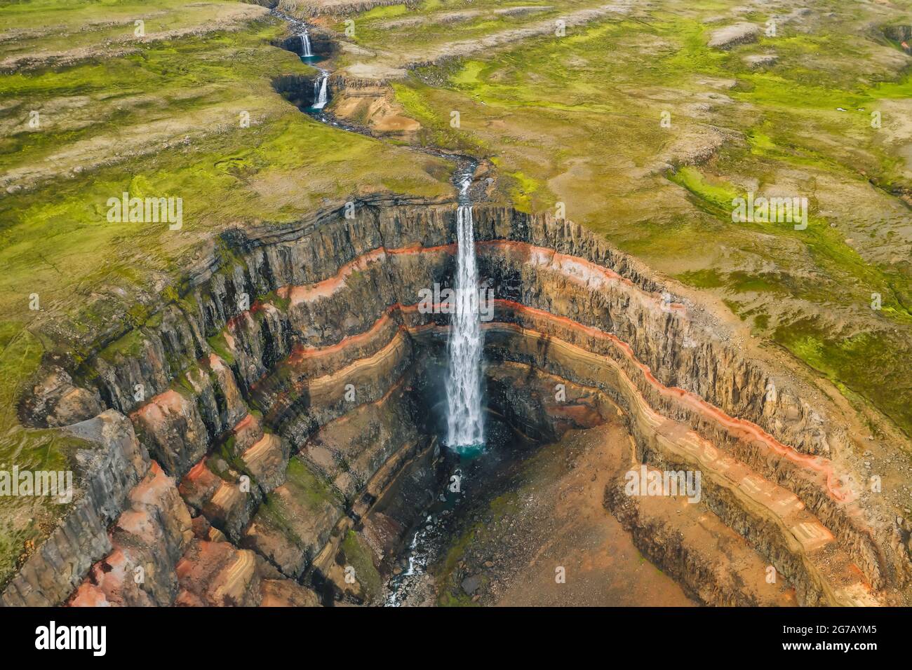 Aerial view of the Hengifoss waterfall in East Iceland. Hengifoss is ...