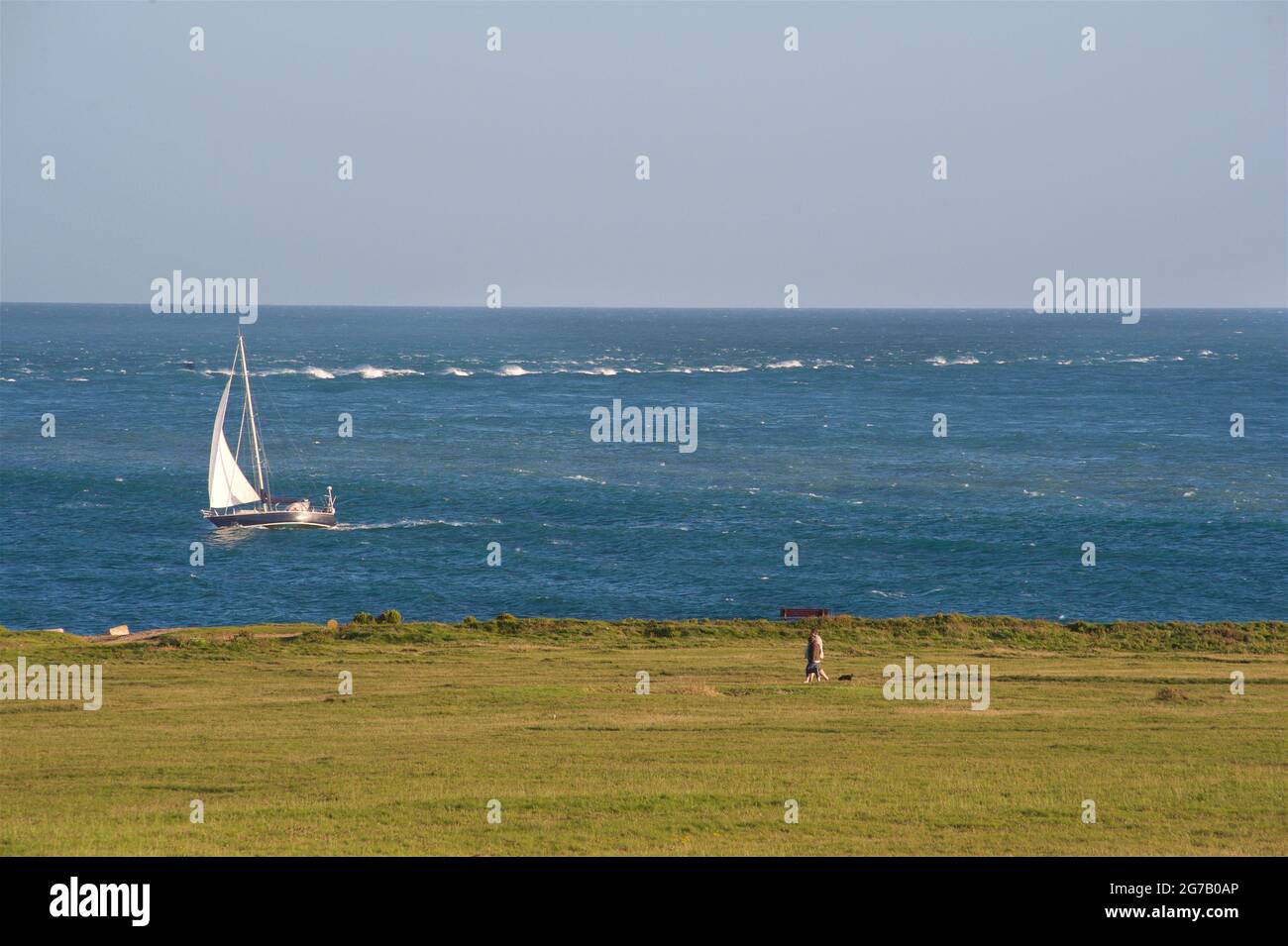 Yacht sailing in the English Channel off the Isle of Portland, Dorset ...