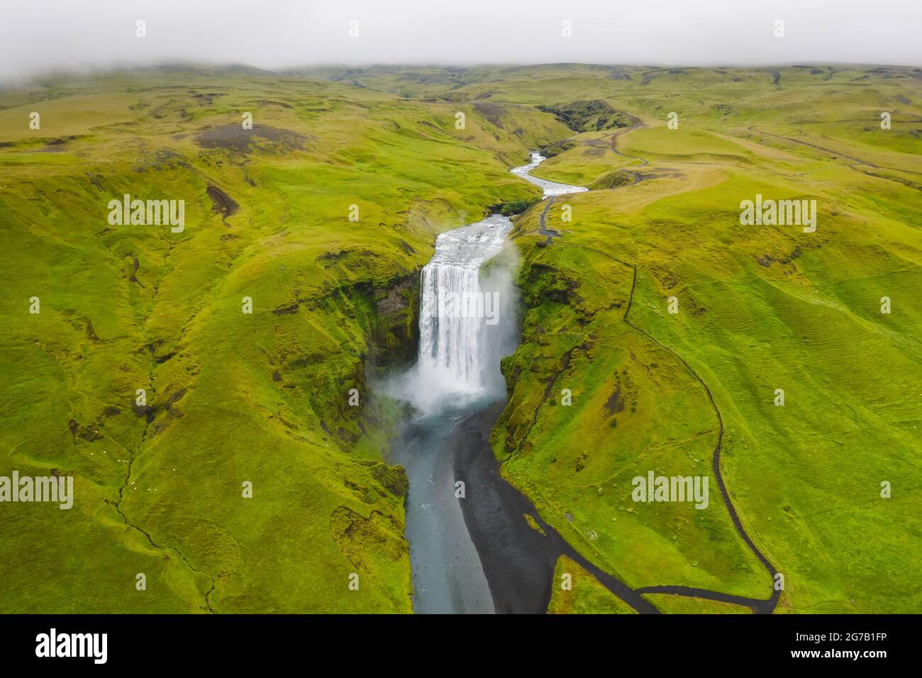Iceland. Aerial view on the Skogafoss waterfall. Landscape in the ...
