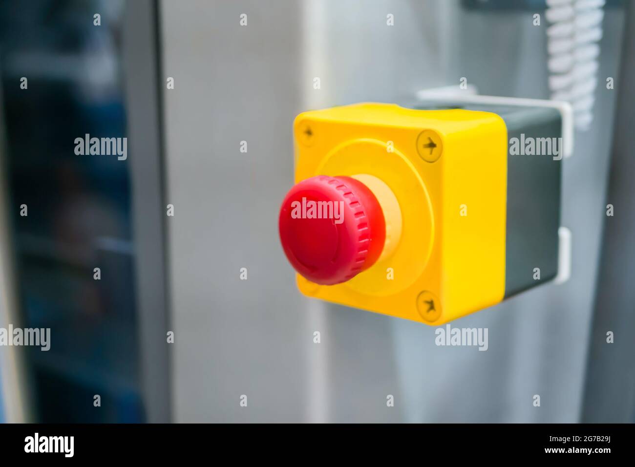 Machine control panel with red switch button - emergency stop at ...