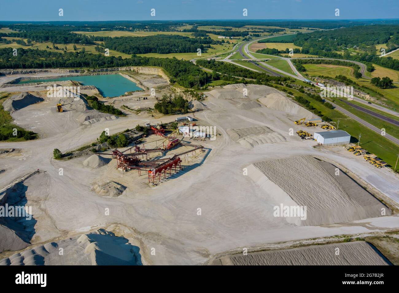 Aerial panorama view of open quarries mining mine extracting with work ...