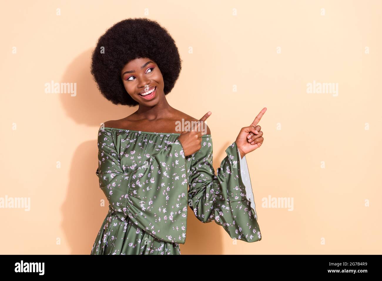 Photo of impressed sweet dark skin lady wear off-shoulders dress ...