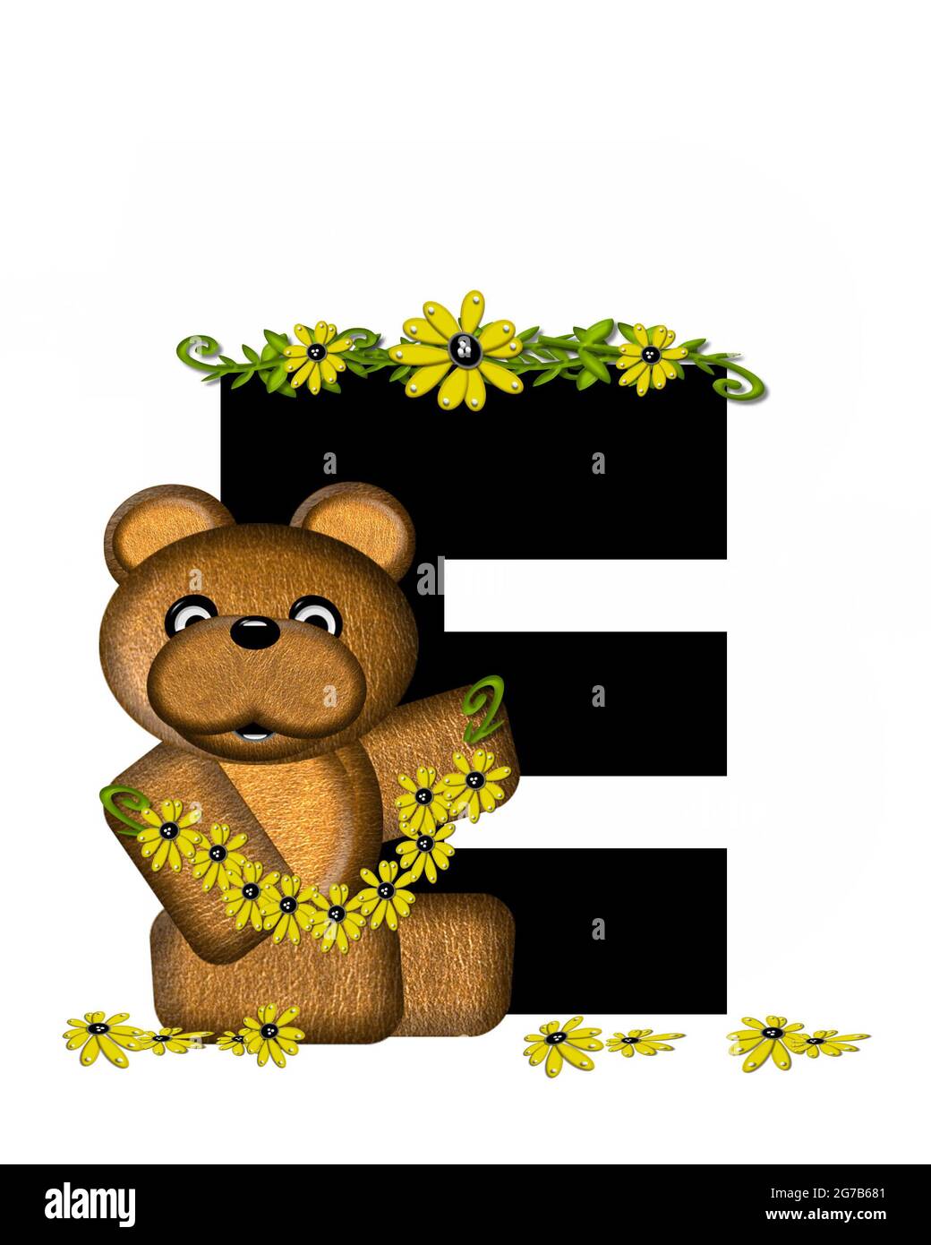 The letter E, in the alphabet set "Teddy Making Daisy Chain," is black ...