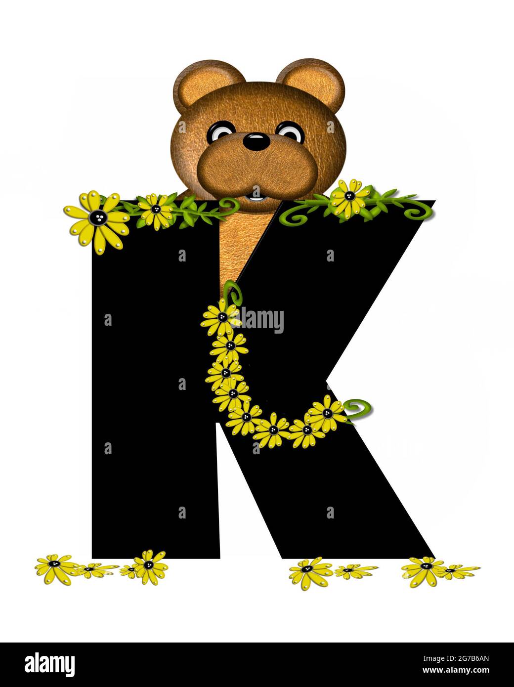 The letter K, in the alphabet set "Teddy Making Daisy Chain," is black ...