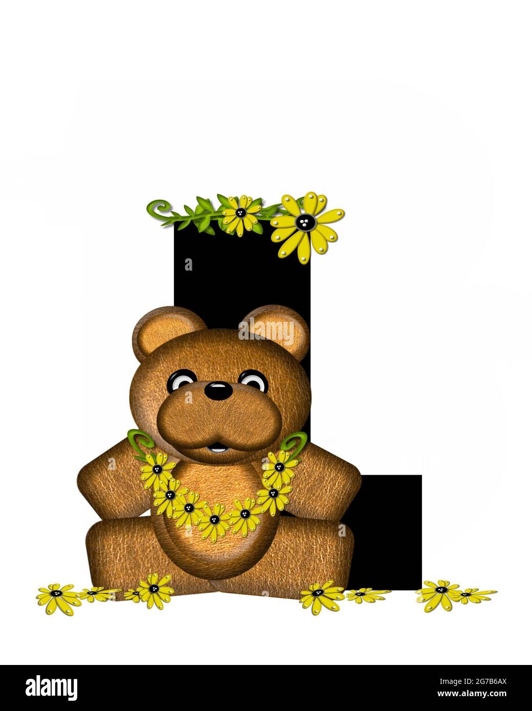 The letter L, in the alphabet set "Teddy Making Daisy Chain," is black ...