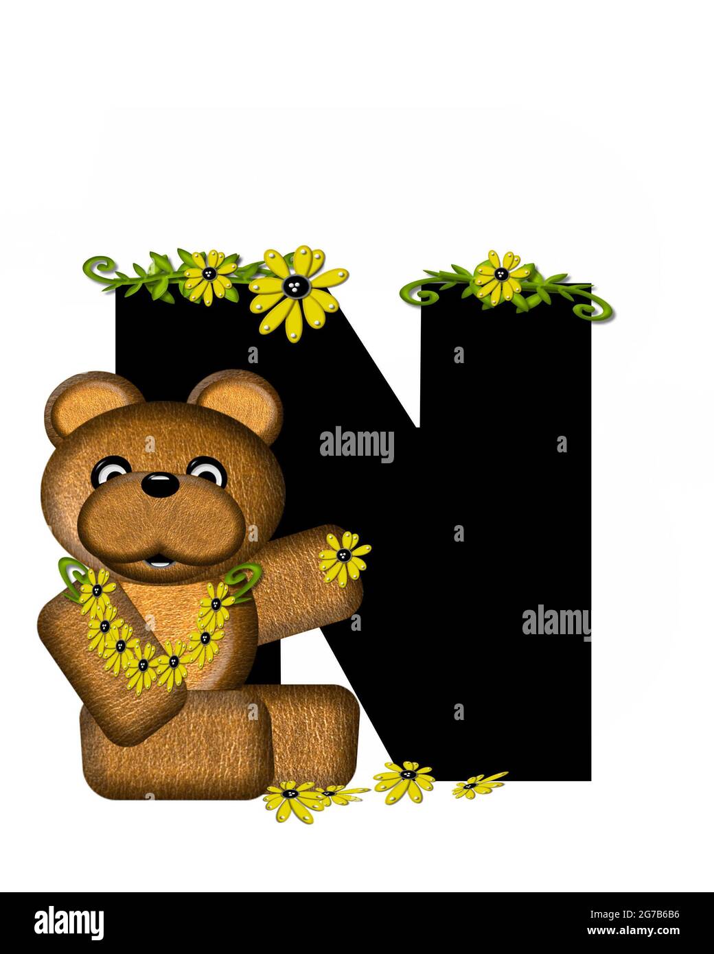 The letter N, in the alphabet set "Teddy Making Daisy Chain," is black ...