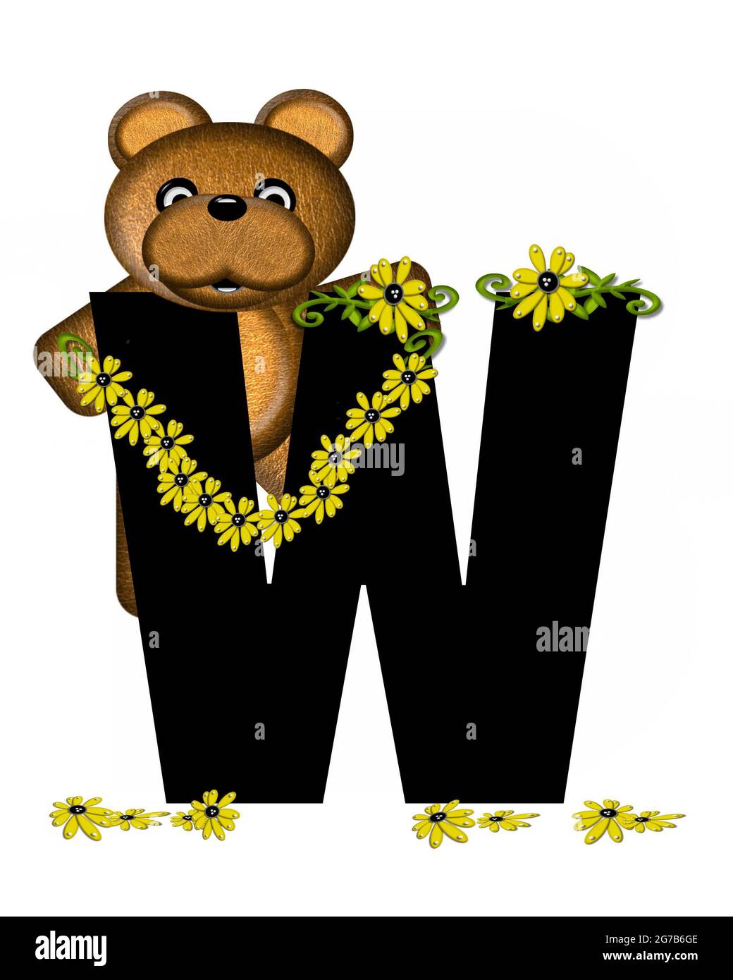 The letter W, in the alphabet set "Teddy Making Daisy Chain," is black ...