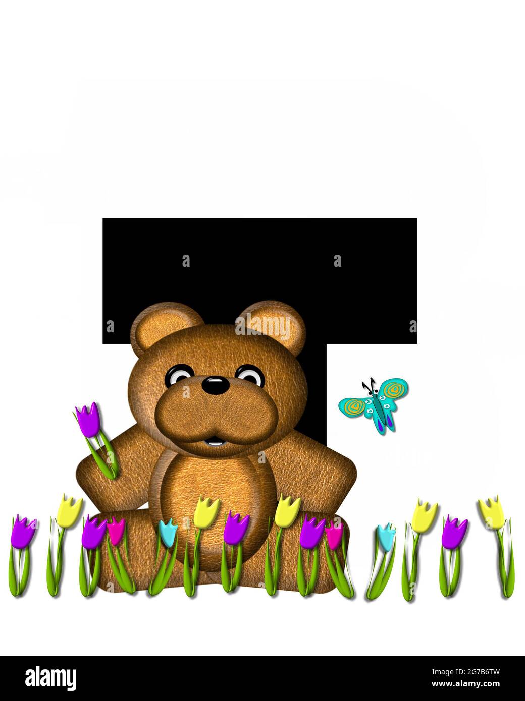 The letter T, in the alphabet set "Teddy Picking Flowers," is black ...