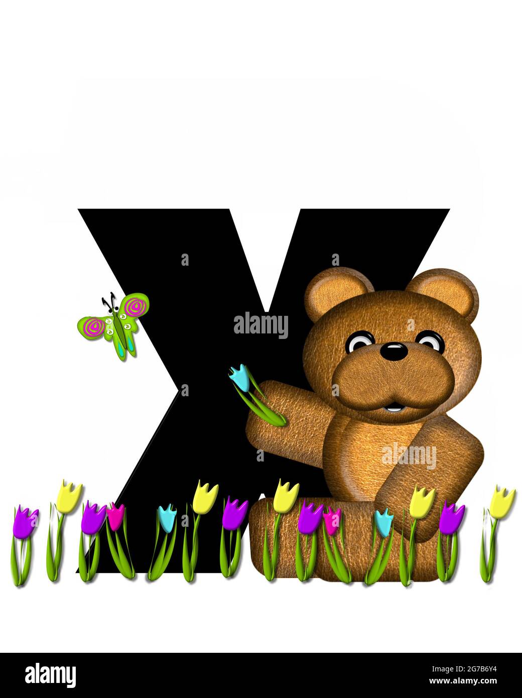 The letter X, in the alphabet set "Teddy Picking Flowers," is black ...