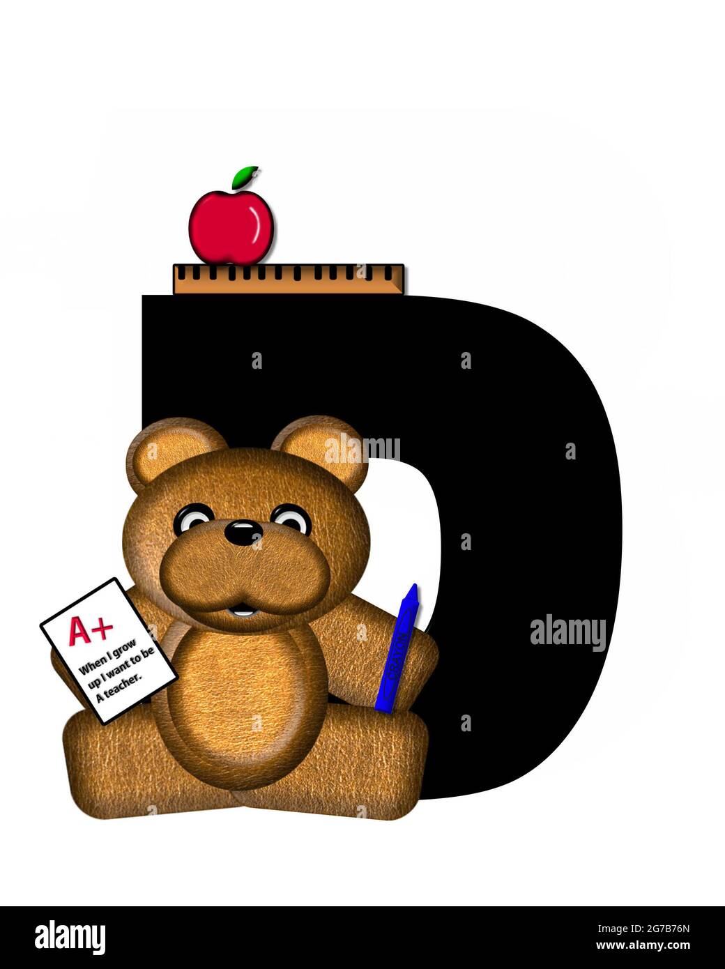 The letter D, in the alphabet set "Teddy School Daze," is black with ...