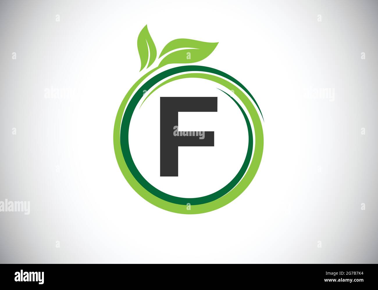 Initial F monogram letter alphabet in a spiral with green leaves. Font ...