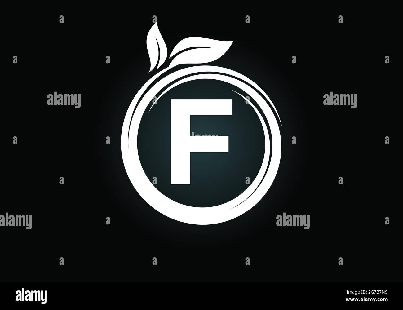 Initial F monogram letter alphabet in a spiral with green leaves. Font ...