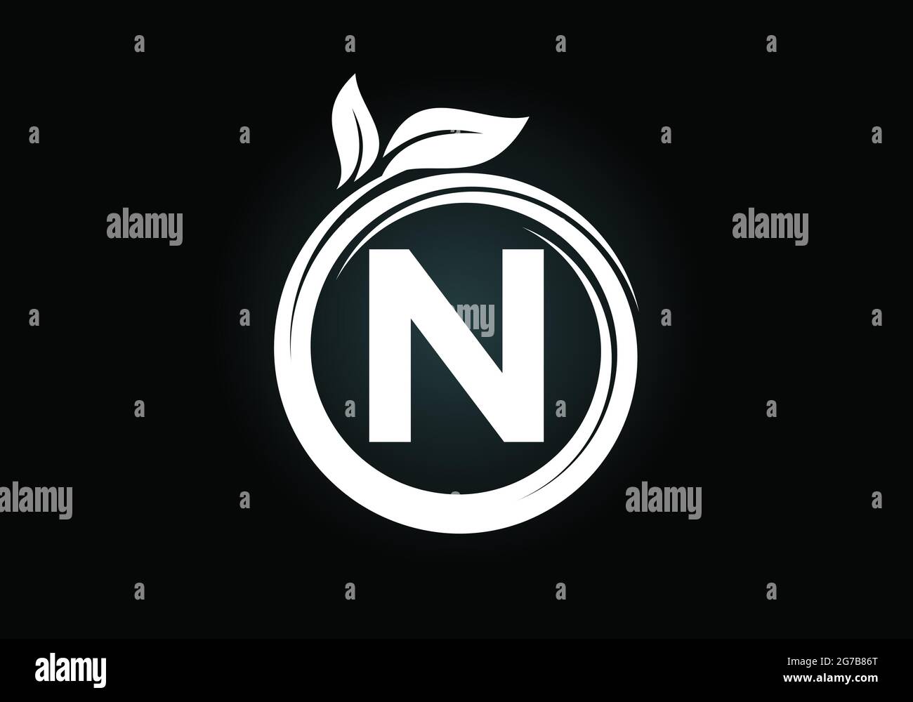 Initial N monogram letter alphabet in a spiral with green leaves. Font ...