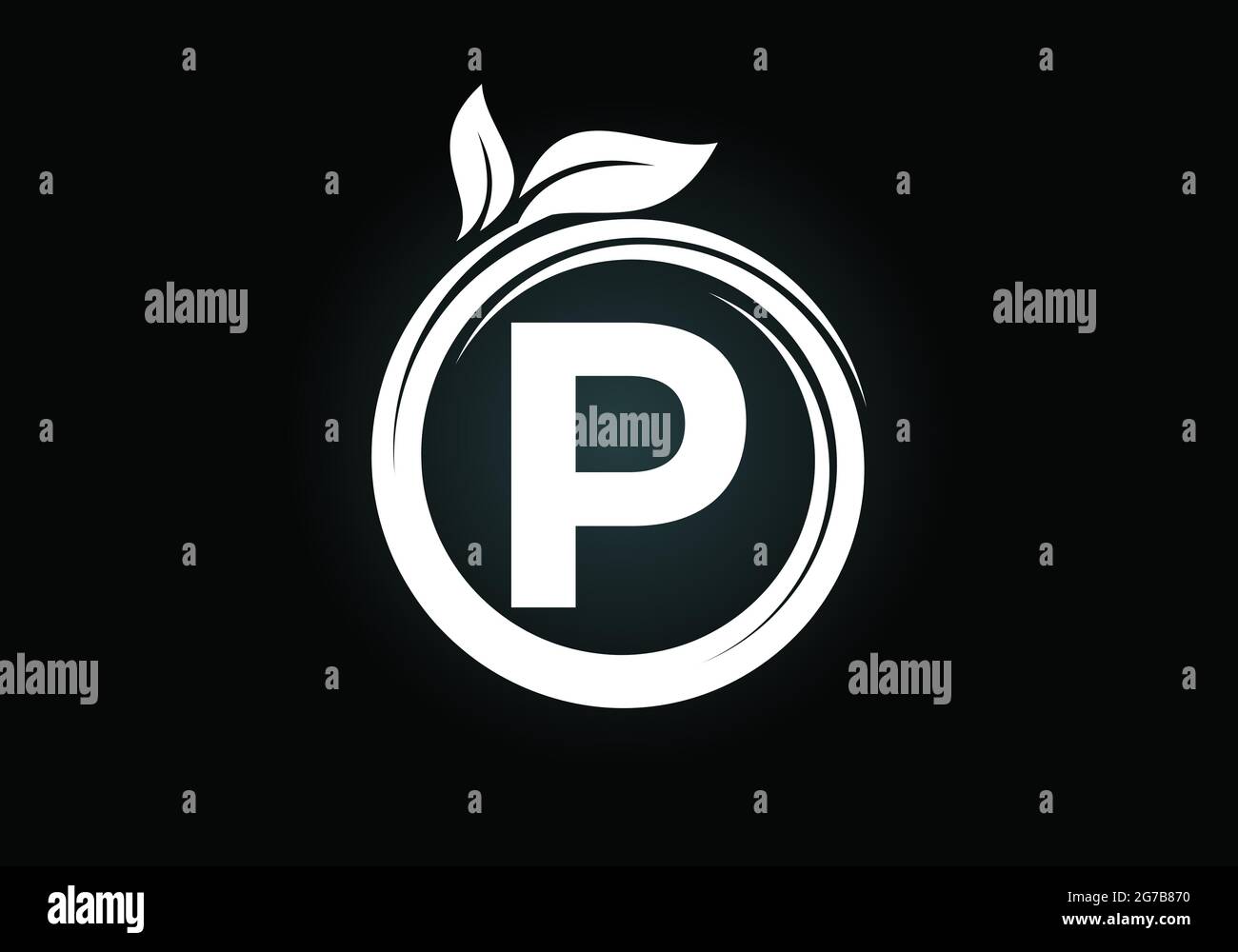 Initial P monogram letter alphabet in a spiral with green leaves. Font ...