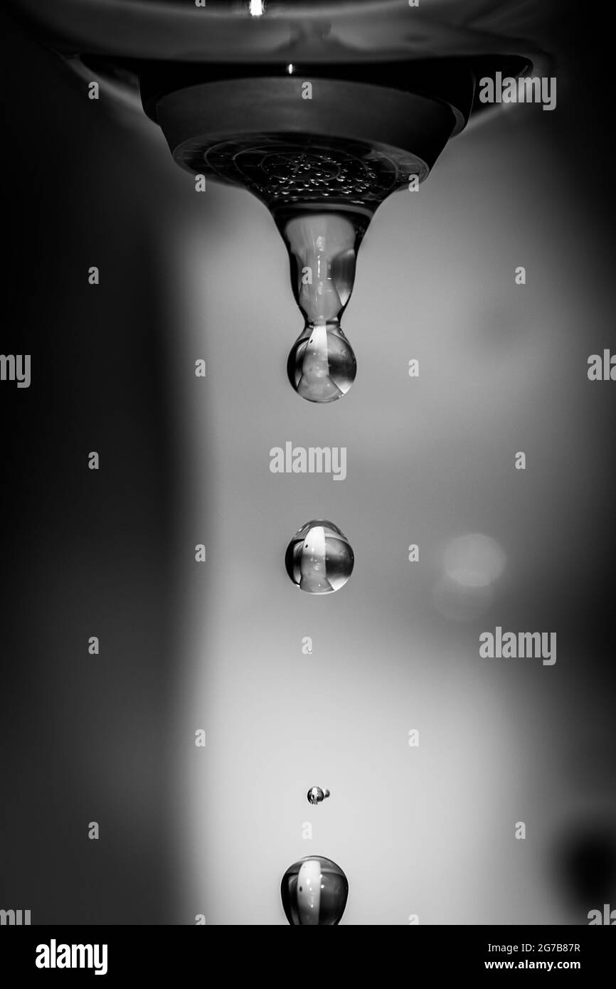 Clear water drops falling from the faucet. Contrast black and white ...