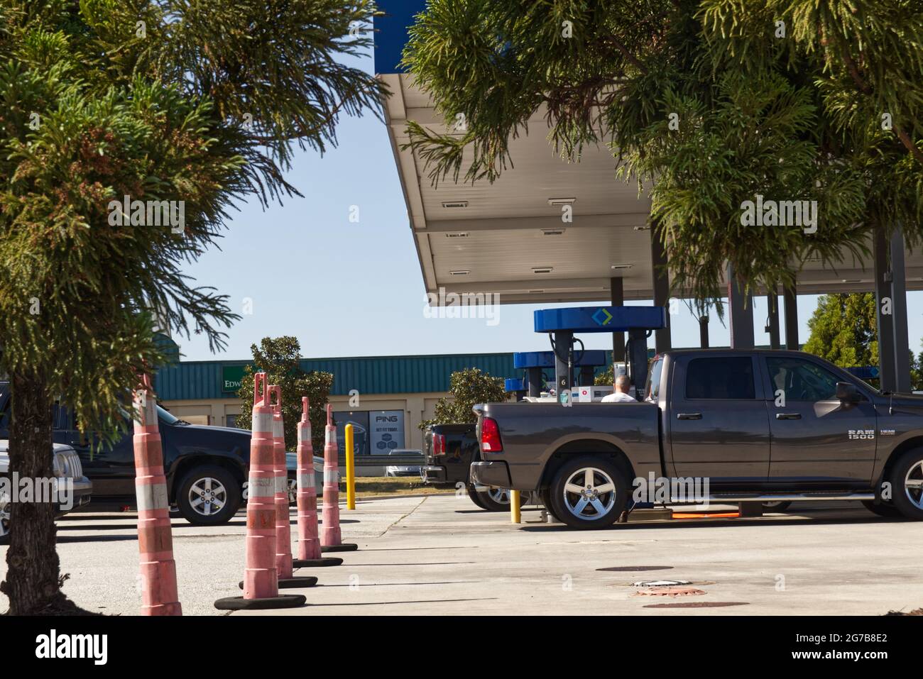 Augusta, Ga USA - 04 21 21: Close up Long lines at Sams Club retail gas ...