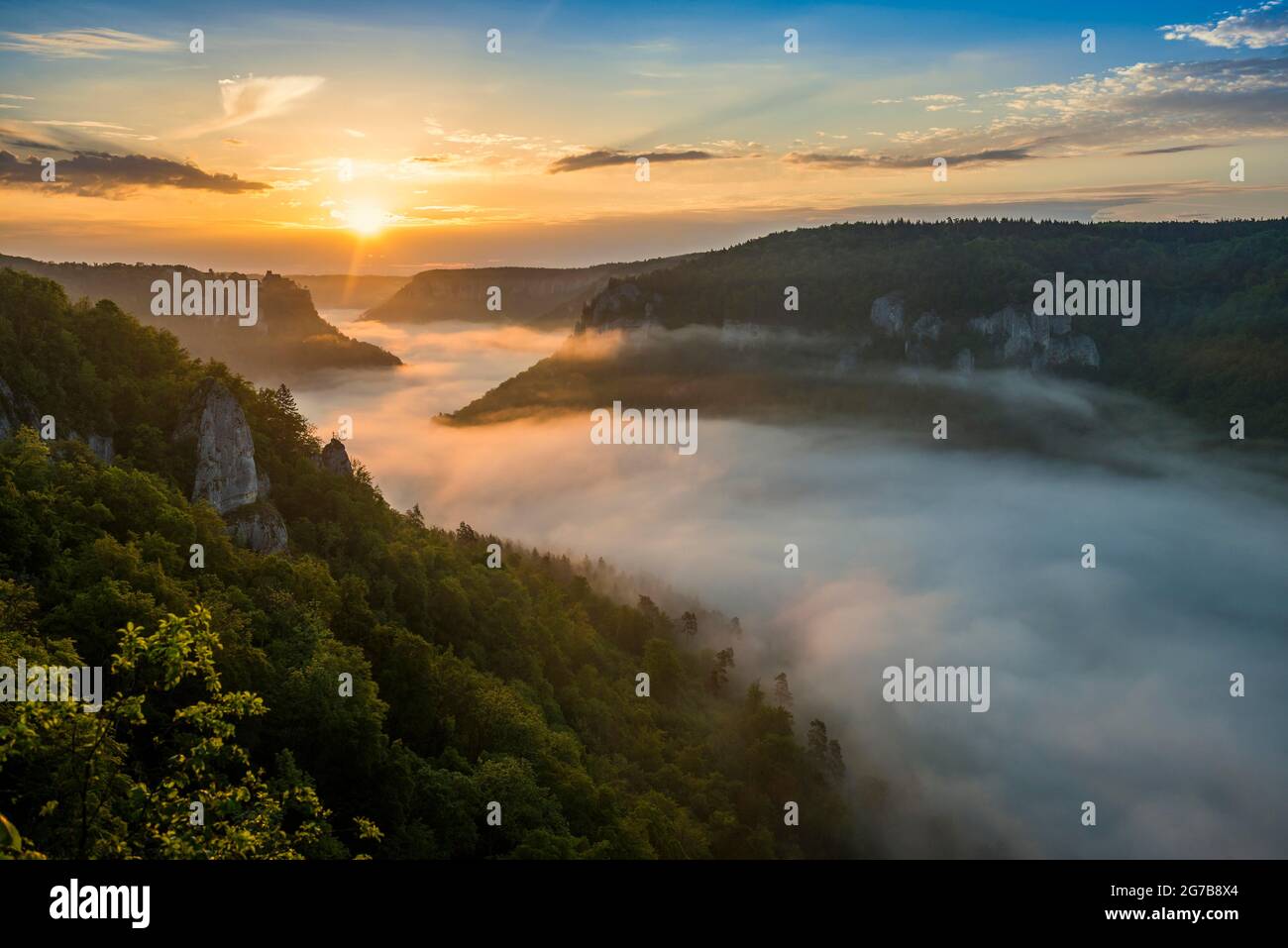 View from Eichfelsen to Werenwag Castle with morning fog, sunrise, near ... View from Eichfelsen to Werenwag Castle with morning fog, sunrise, near ...
