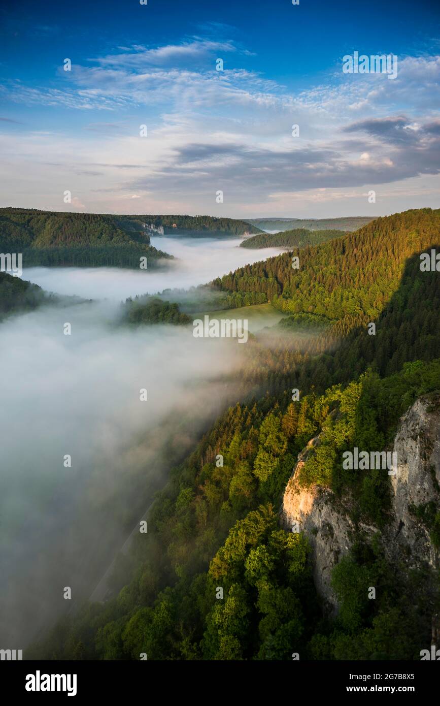 View from Eichfelsen with morning fog, sunrise, near Irndorf, Upper ... View from Eichfelsen with morning fog, sunrise, near Irndorf, Upper ...