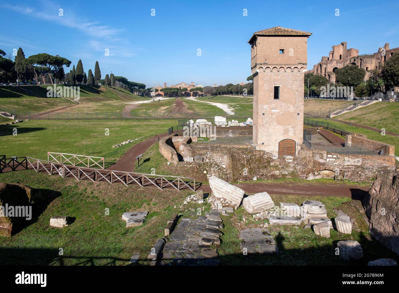 Ruins of tribune of Circis Maximus, behind it reconstructed watchtower ...