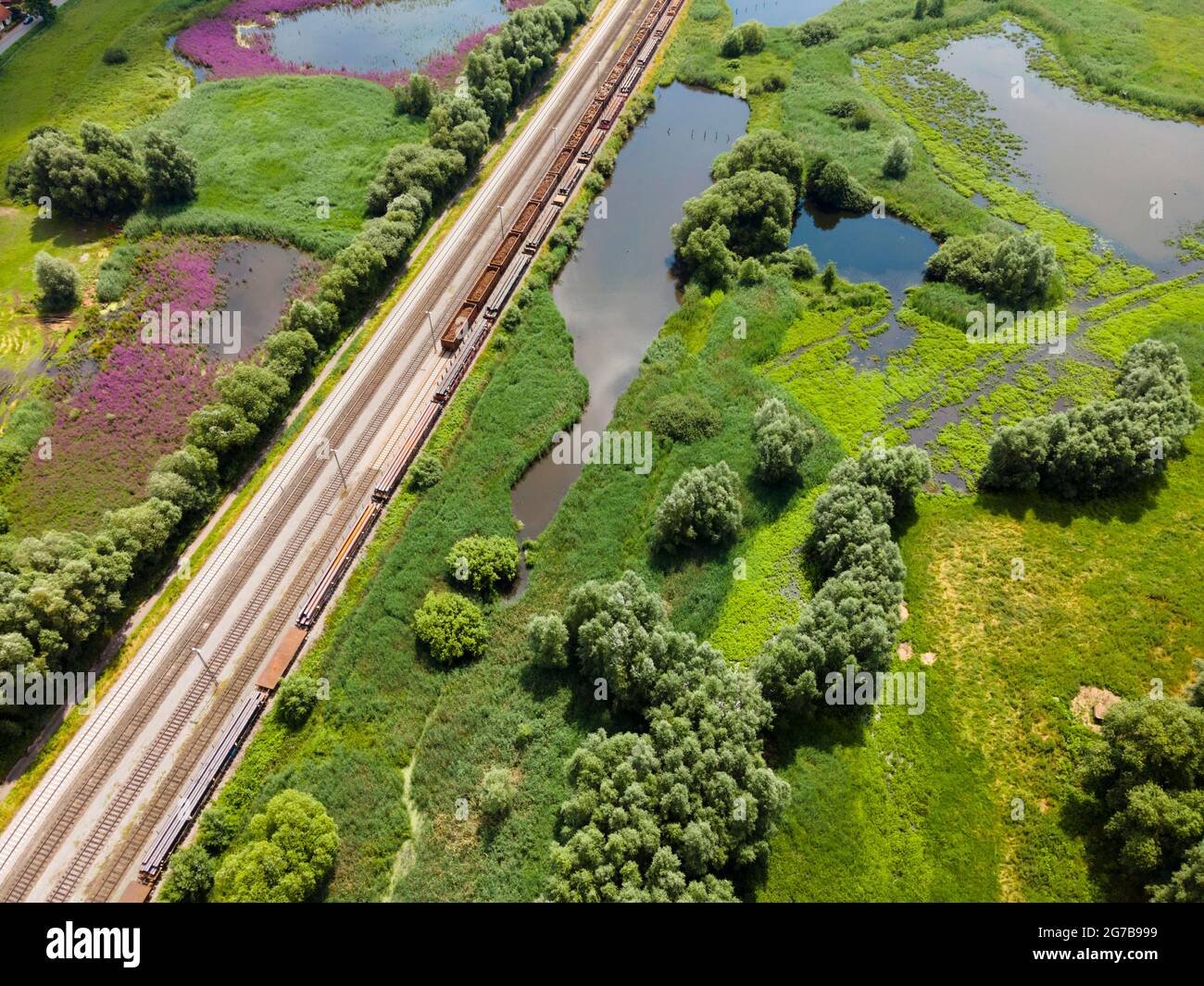 Drone image of railway tracks and wetland near Klein Ilsede, Ilsede ...