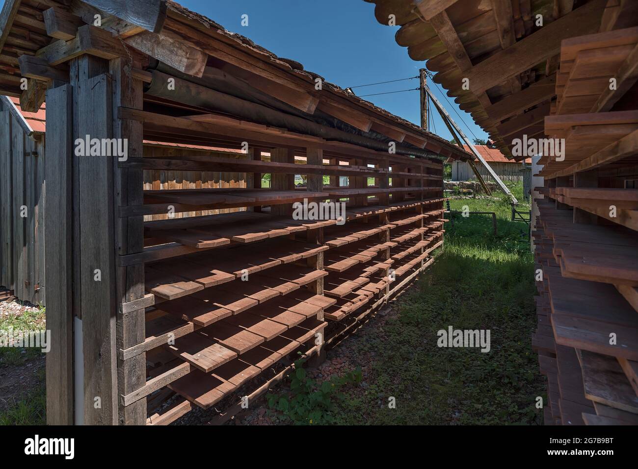 Drying racks for the manufactured roof tiles in the brickworks, end of ...