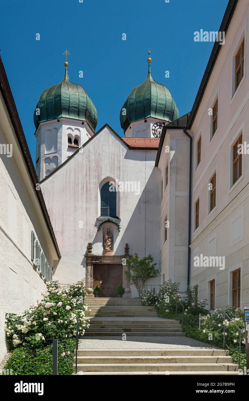 Entrance with staircase and onion domes, Seeon Monastery, Upper Bavaria ...