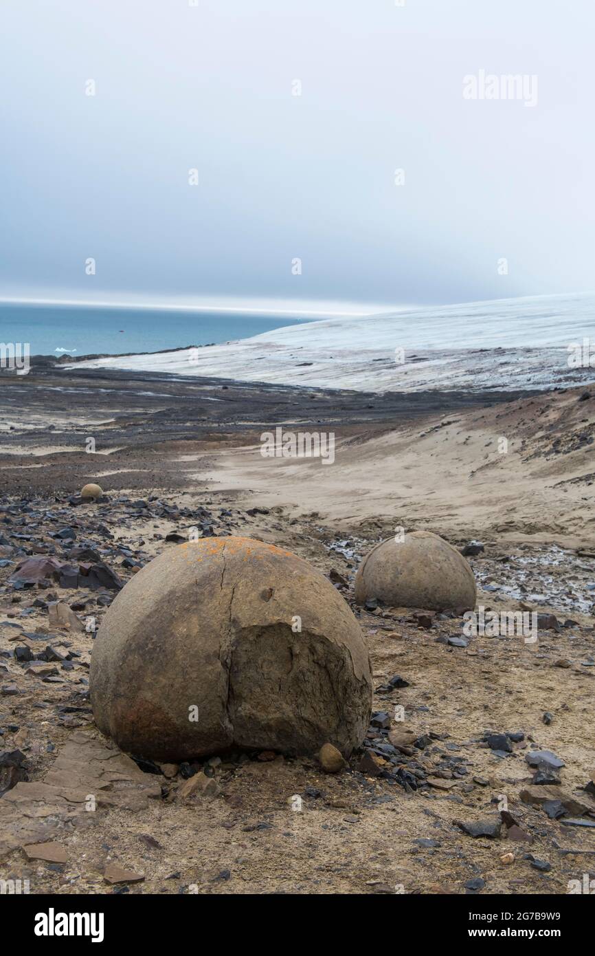 Giant stone sphere, Champ Island, Franz Josef Land archipelago, Russia ...