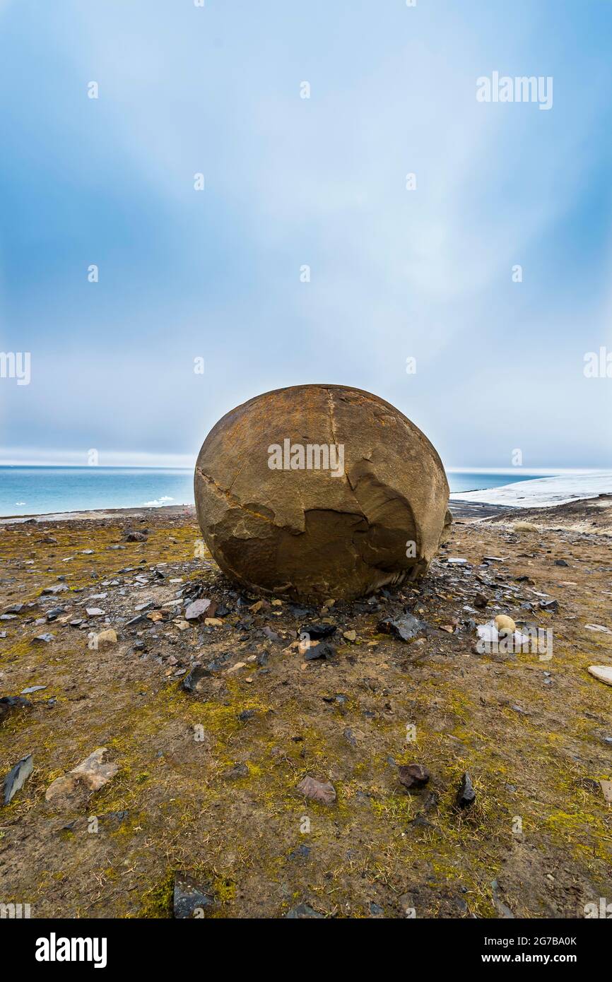Giant stone sphere, Champ Island, Franz Josef Land archipelago, Russia ...