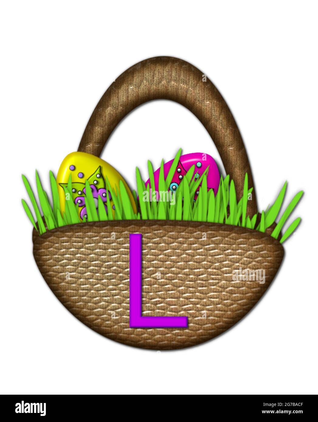 The letter L, in the alphabet set "Easter Basket," sits on brown basket ...